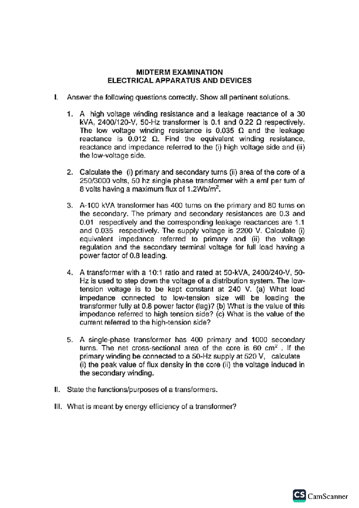 EAD MID EXAM - Sample problems - Electrical Apparatus and Devices - Studocu