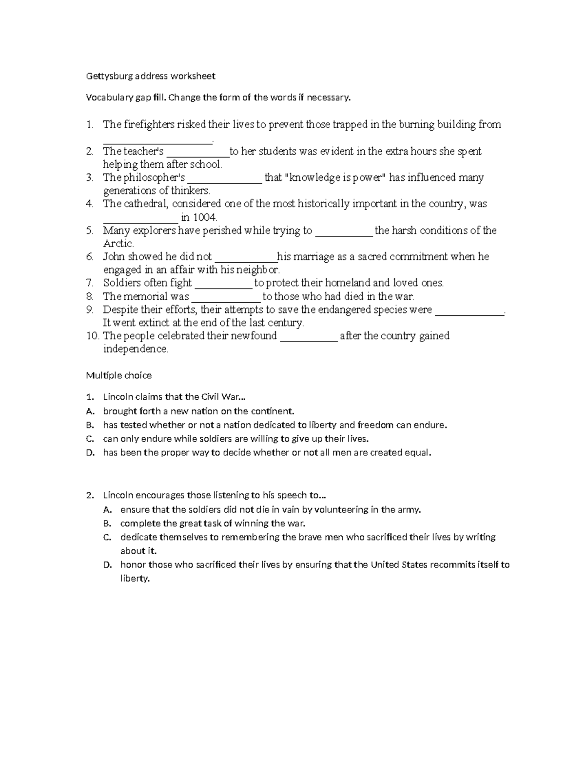 Gettysburg Worksheet