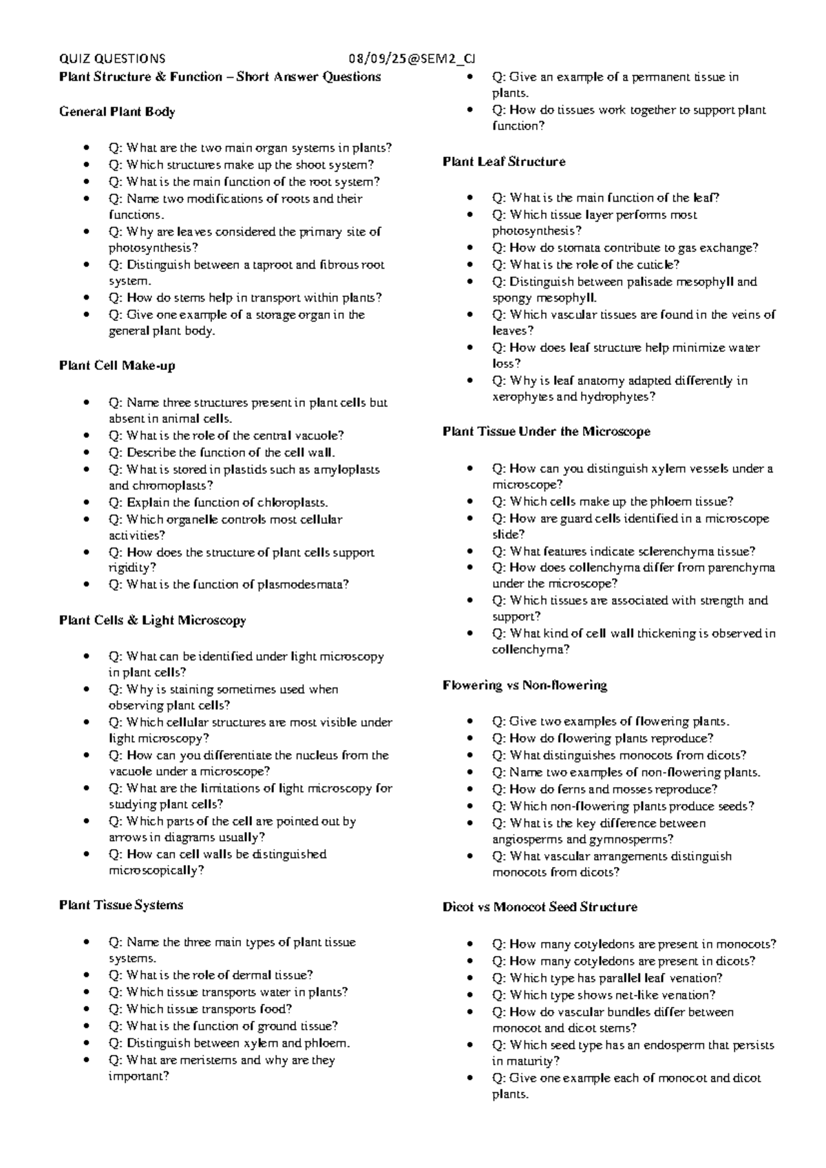 QUIZ WEEK 6 - Plant Structure and Function Questions - Studocu