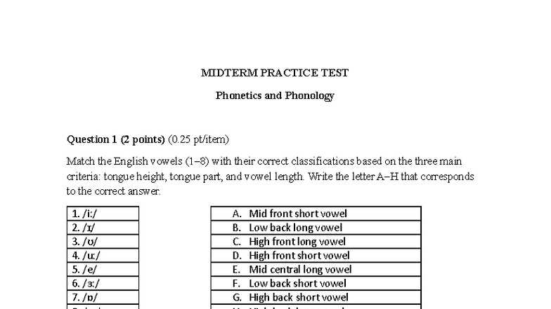 MIDTERM PRACTICE TEST: Phonetics & Phonology Analysis - Studocu