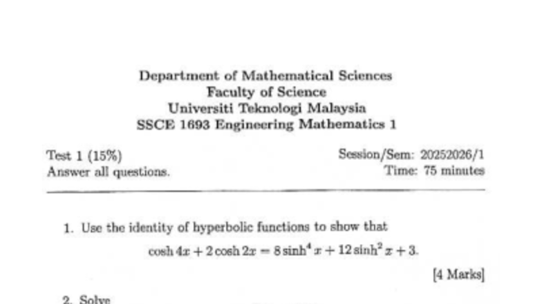 SSCE 1693 Engineering Mathematics 1 Test 1 Past Exam Questions - Studocu
