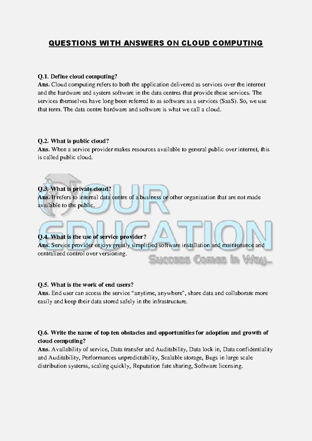 Questions WITH Answers ON Cloud Computin - QUESTIONS WITH ANSWERS ON ...