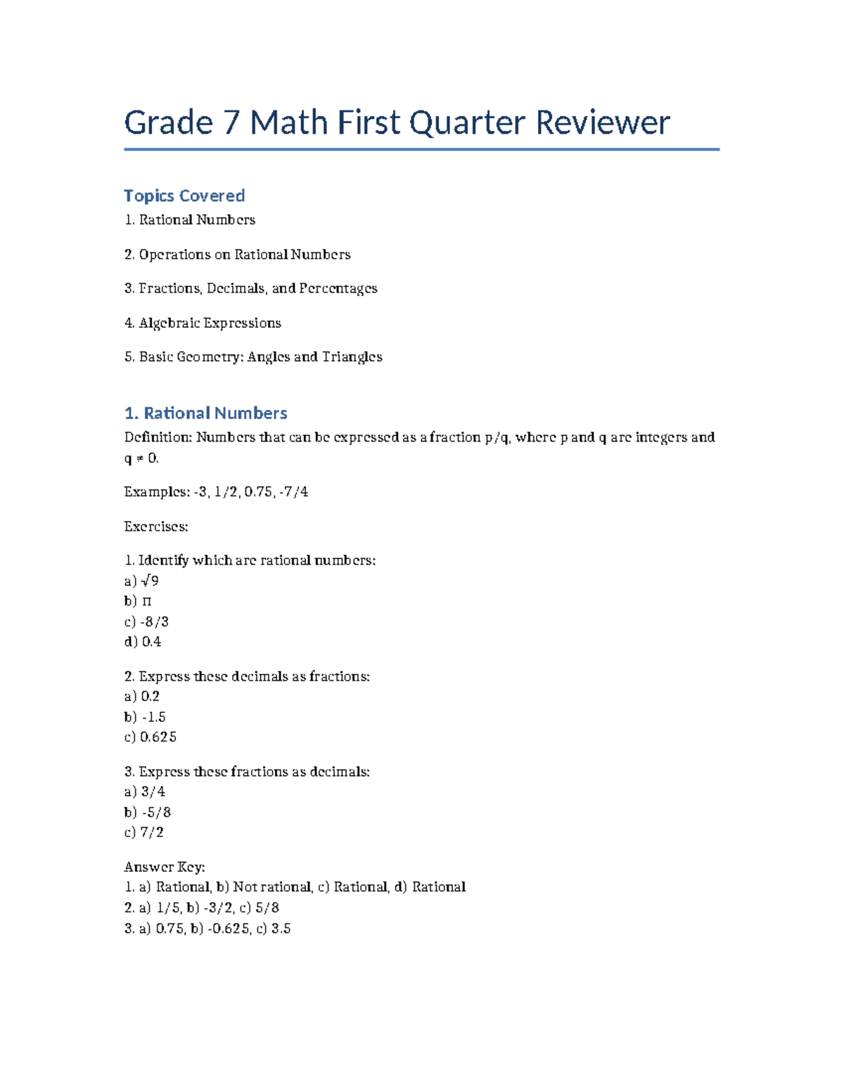 Grade 7 Math Q1 Reviewer: Rational Numbers & Basic Operations - Studocu