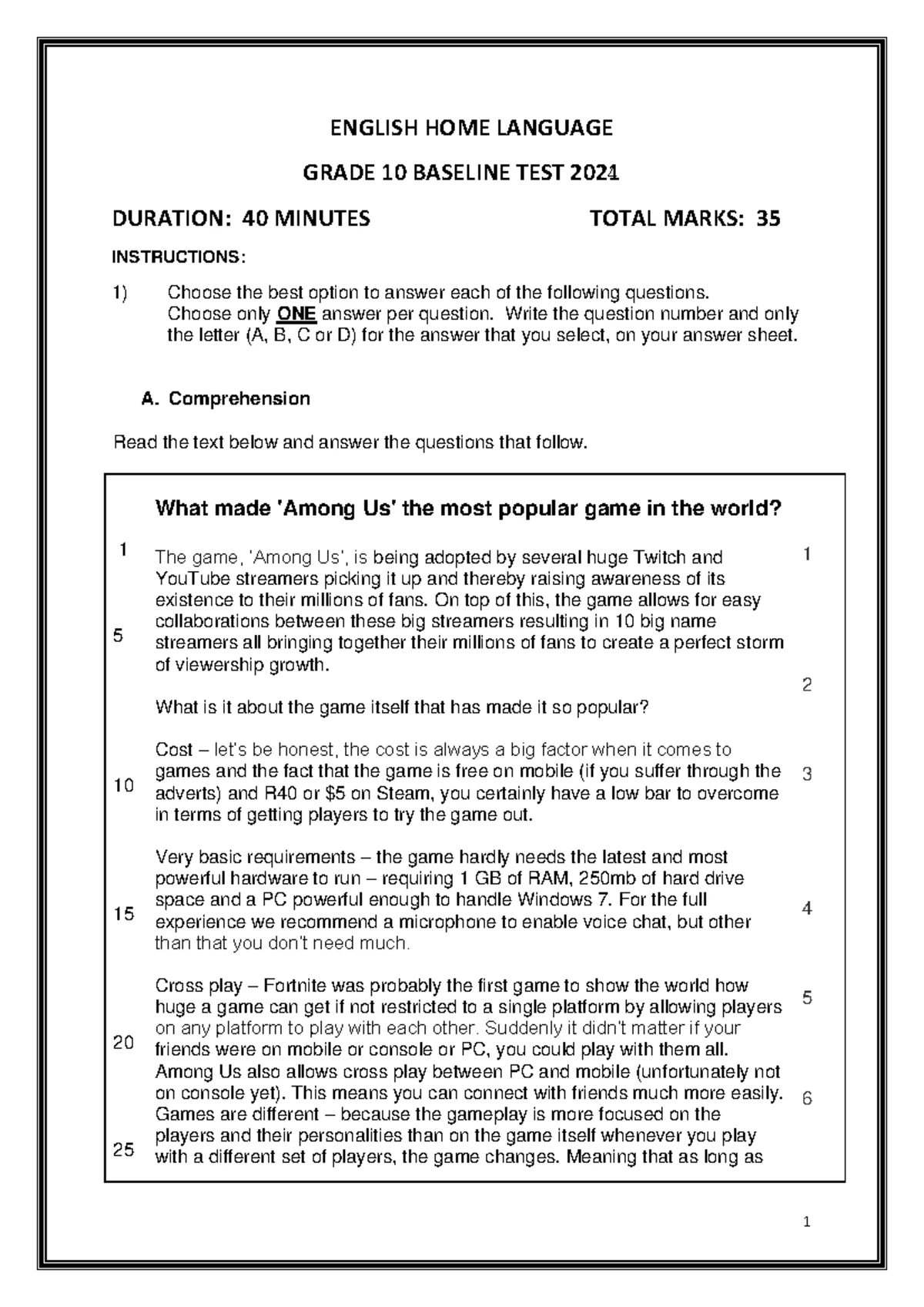 Gr 10 essay task T2 - ENGLISH HOME LANGUAGE GRADE 10 - SBA ESSAY ...