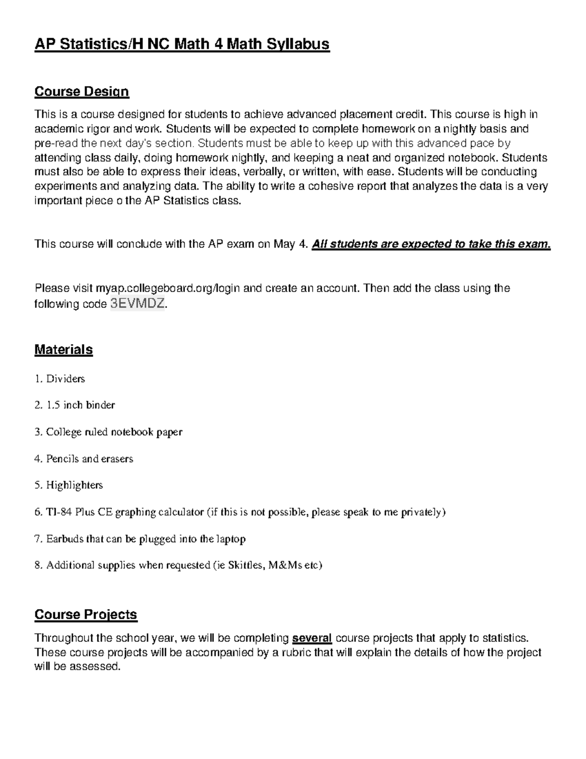 AP NC Math 4 Syllabus: Course Design & Expectations - Studocu