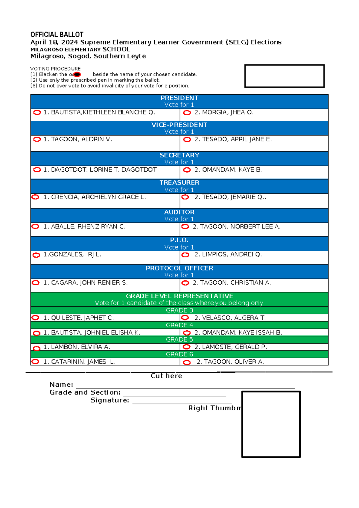 Official Ballot for SELG Elections at Milagroso Elementary School - Studocu