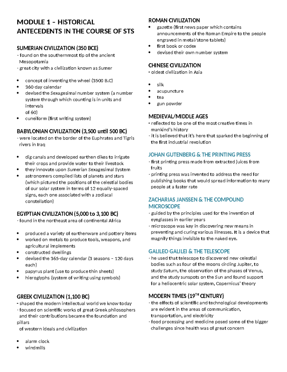 STS - Module 1: Historical Overview of Early Civilizations - Studocu