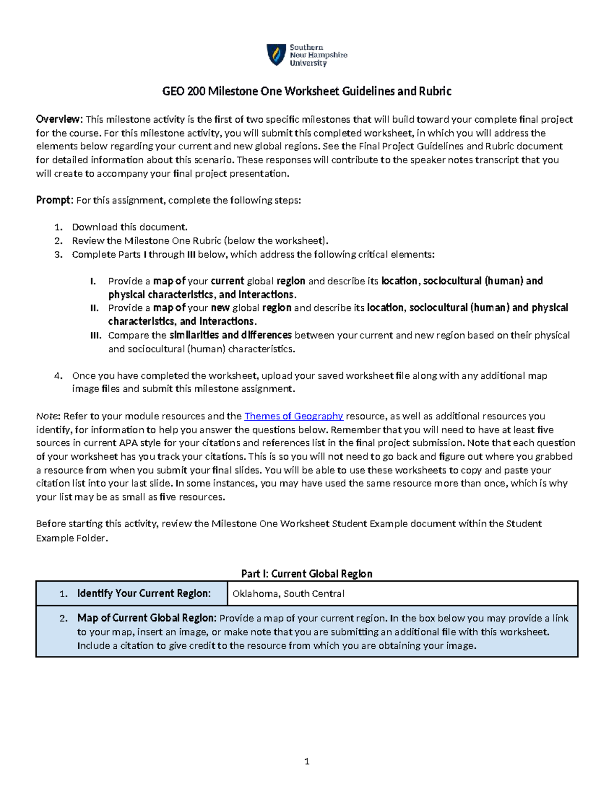 GEO 200 Milestone One Worksheet Guidelines and Rubric - For this ...