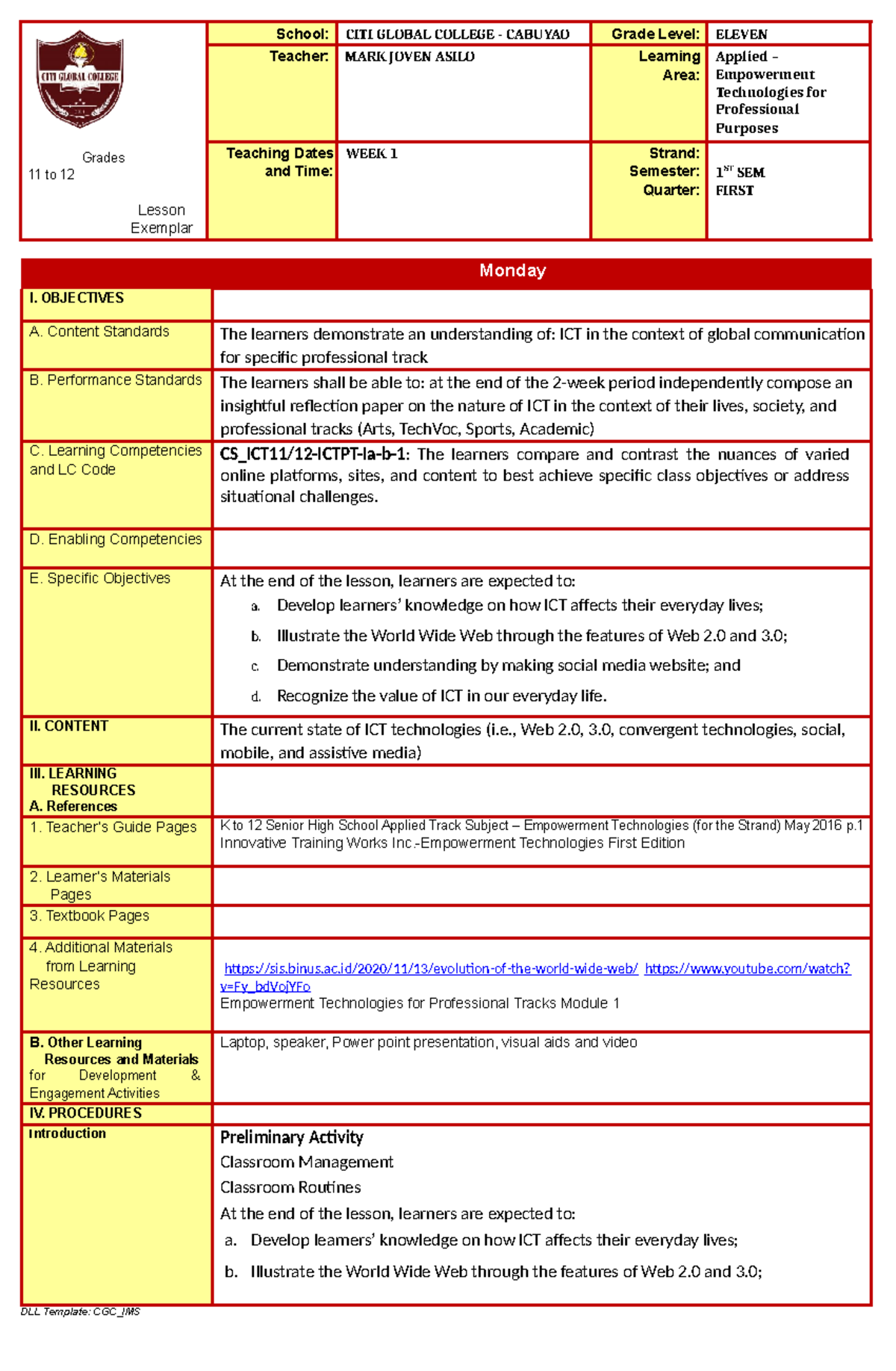 G11 - Empowerment Technology - Week 1 Lesson Overview and Activities ...
