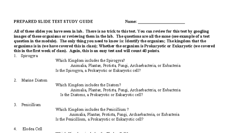 Prepared Slide Test Study Guide: Prokaryotic & Eukaryotic Cells - Studocu