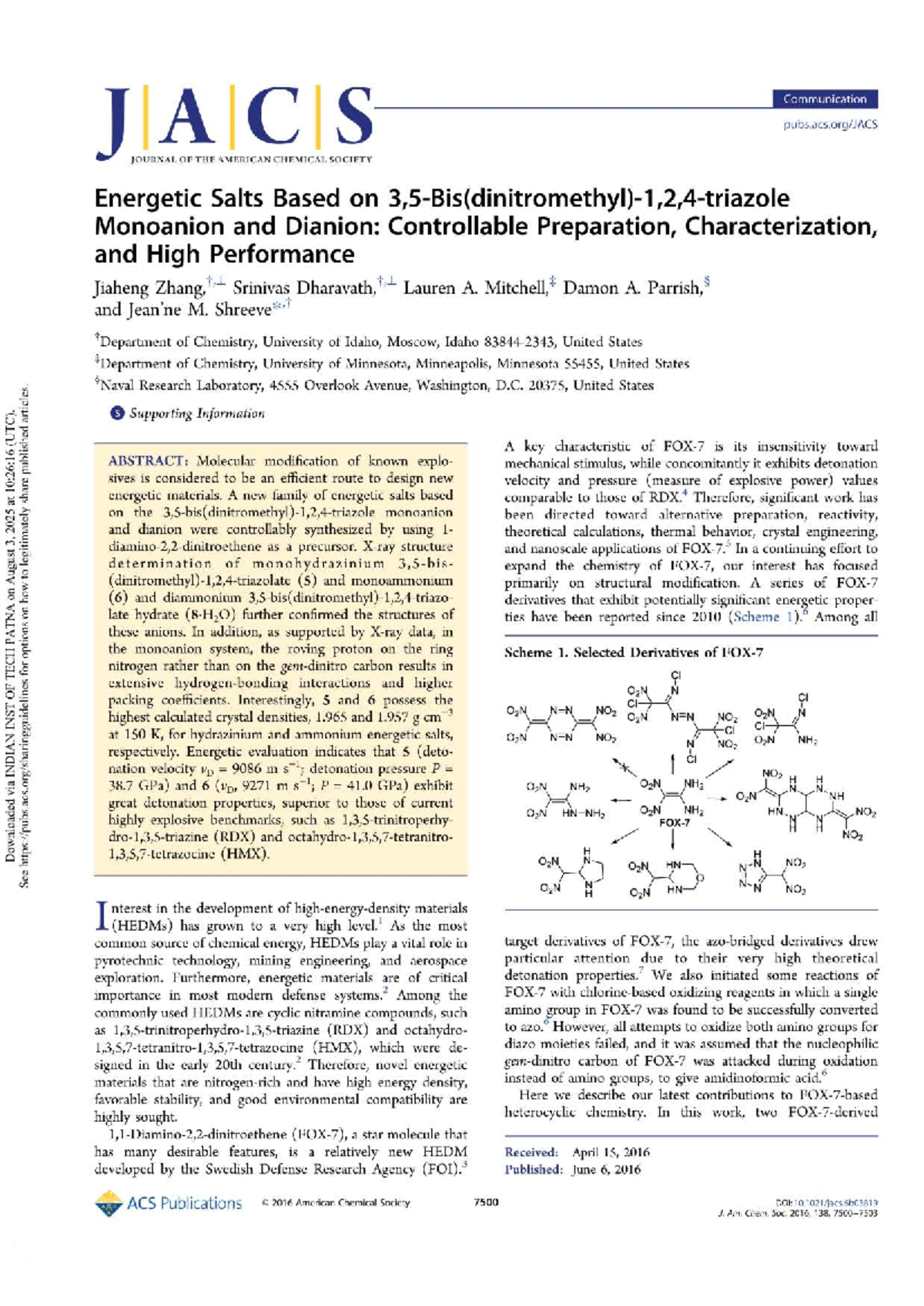 Energetic Salts: Synthesis & Characterization of Monoanion/Dianion ...