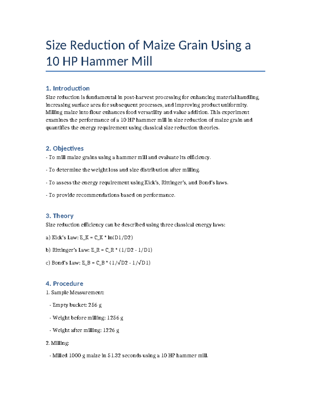 Maize Grain Size Reduction Using 10 HP Hammer Mill: Report - Studocu