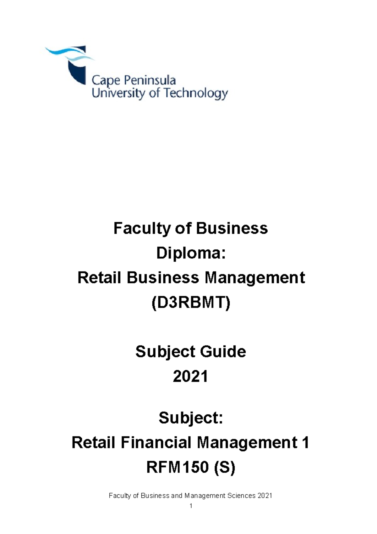 Retail Financial Management 1 (RFM150 S) Subject Guide 2021 - Faculty ...