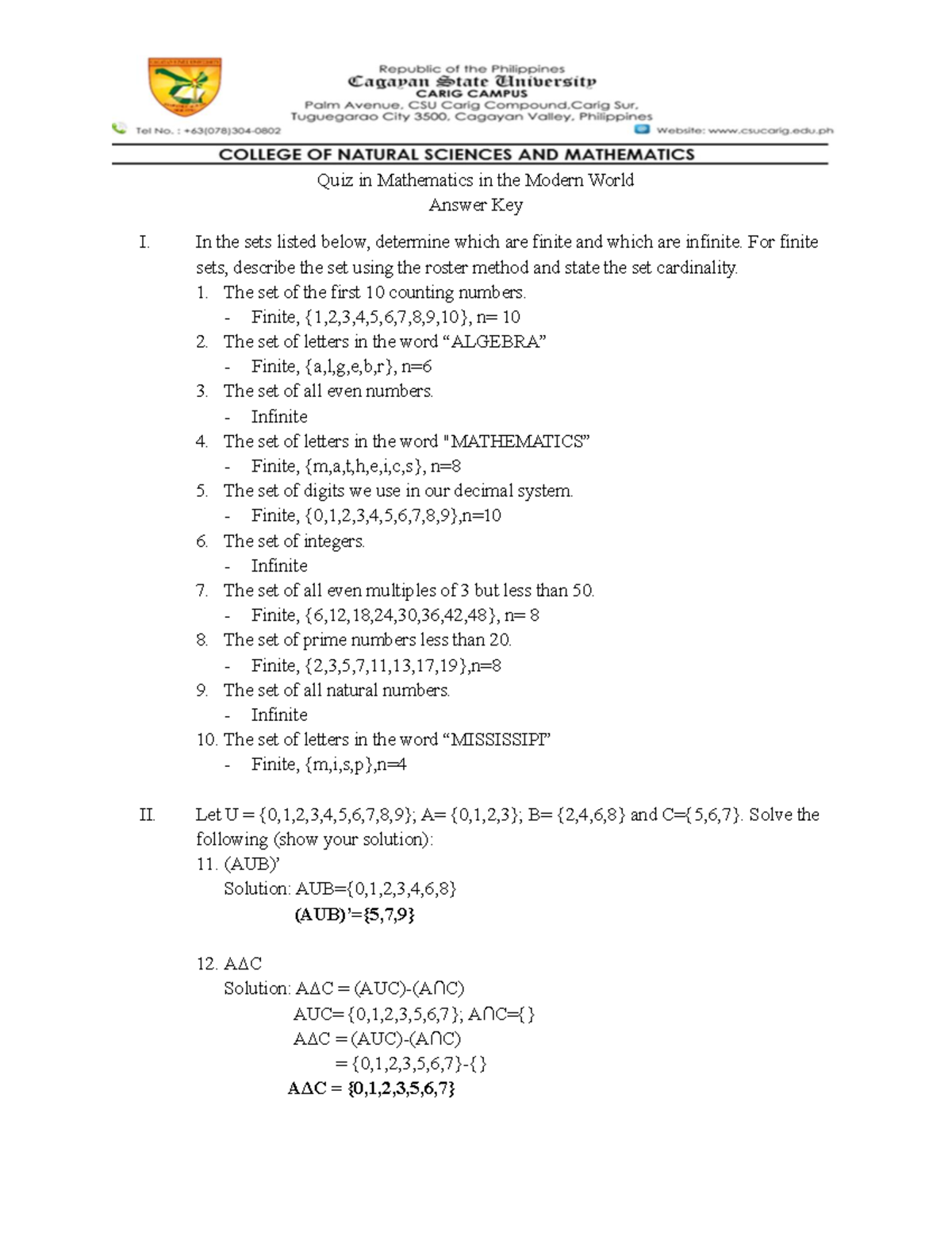 MMW Quiz Answers: Sets, Functions, and Relations - Course MMW - Studocu