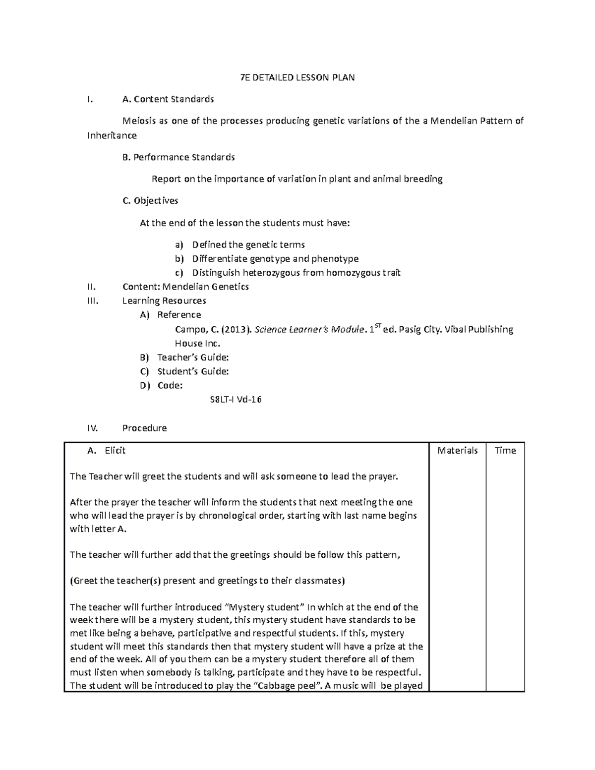 7E Detailed Lesson PLAN mendelian - 7E DETAILED LESSON PLAN I. A ...