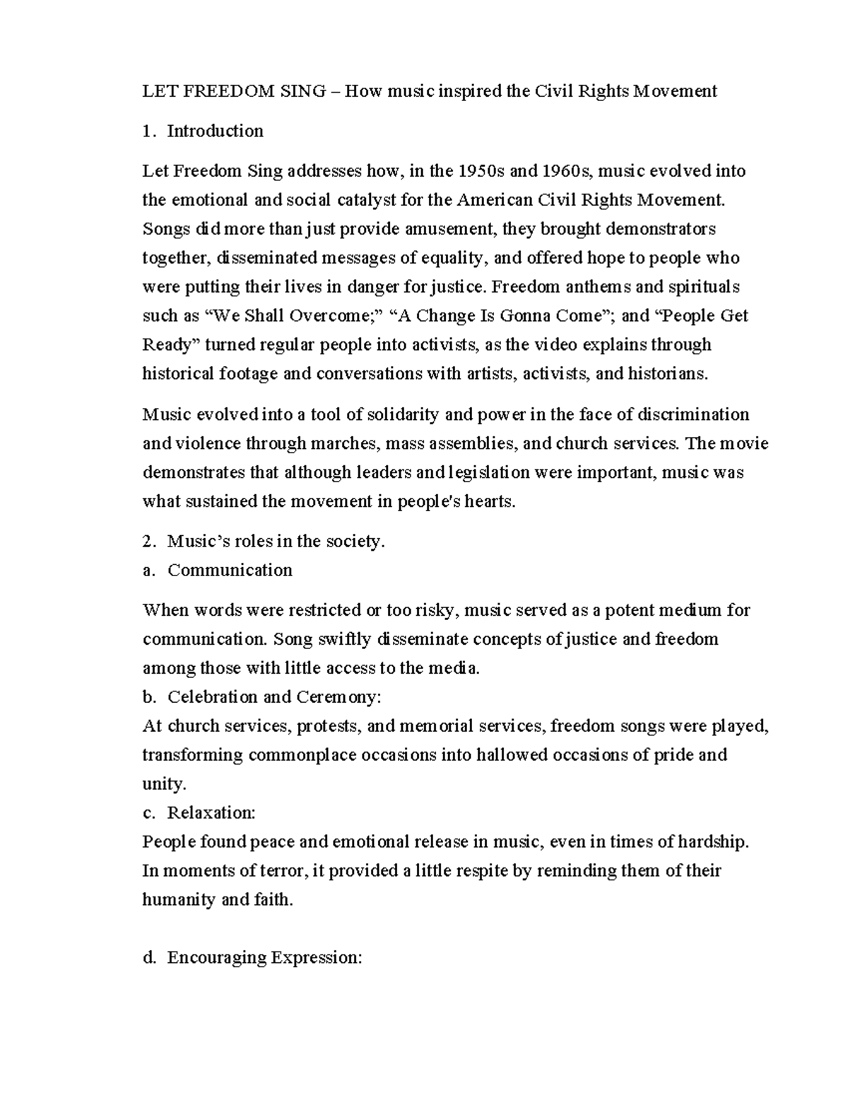 LET FREEDOM SING: Music's Role in the Civil Rights Movement - Studocu