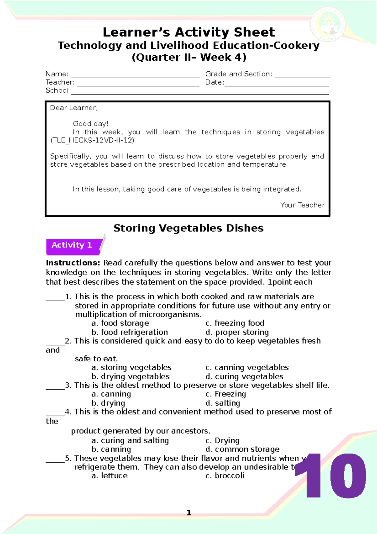 G10 TLE Cookery Q2 W4 - Techniques for Storing Vegetable Dishes - Studocu