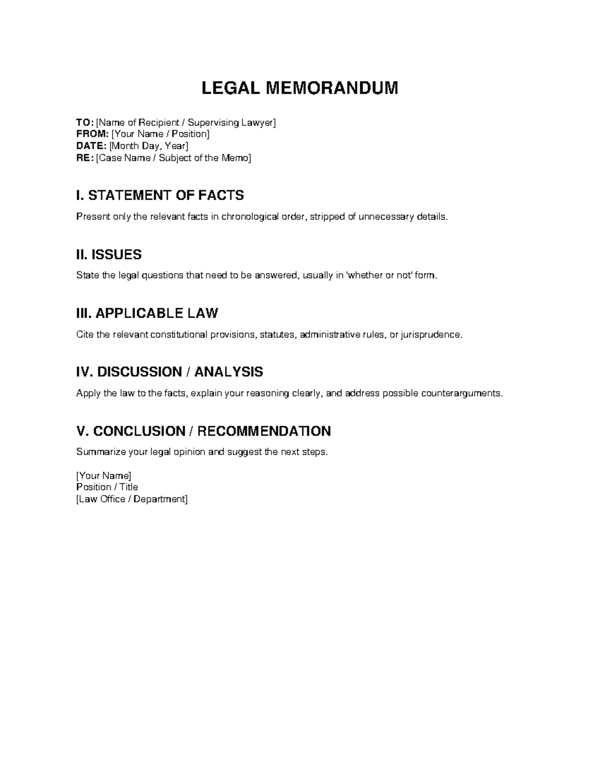 Legal memo template ph - LEGAL MEMORANDUM TO: [Name of Recipient ...