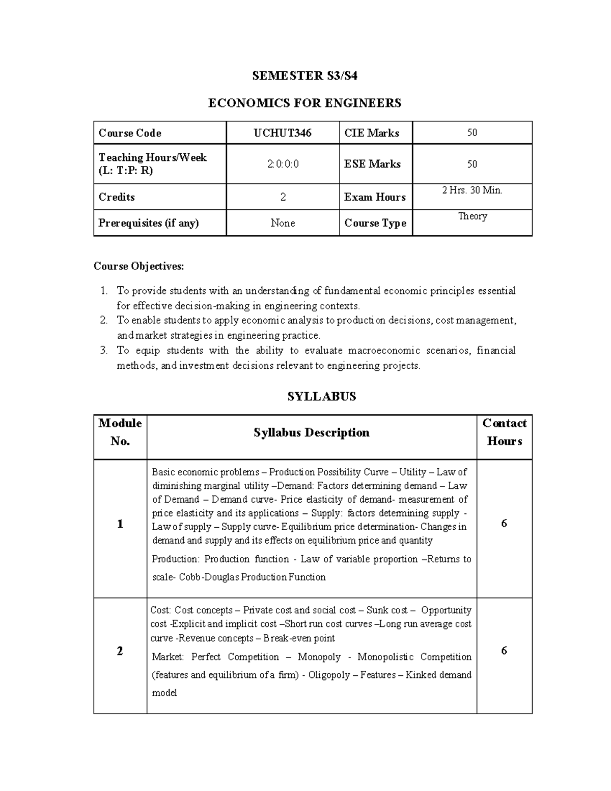 Economics for Engineers (UCHUT346) - Model Question Paper - Studocu
