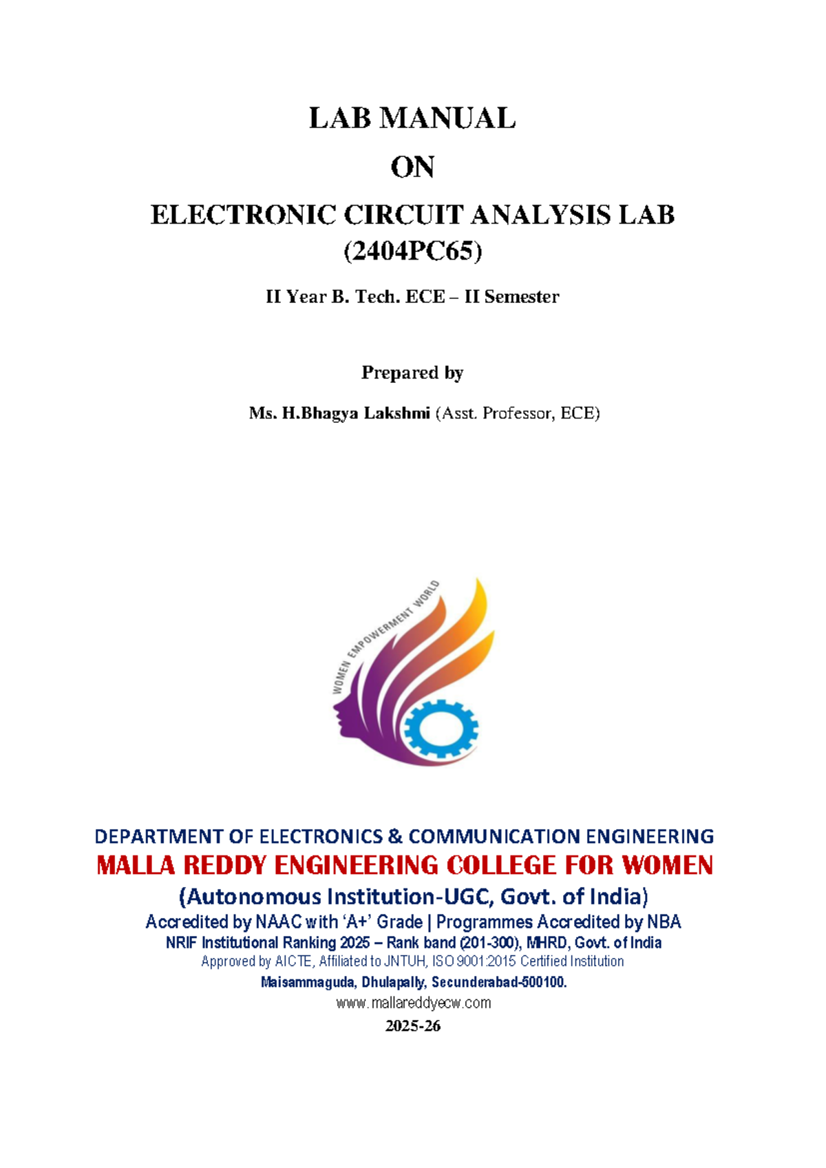 II Year B. Tech. ECE II Semester - Electronic Circuit Analysis Lab ...
