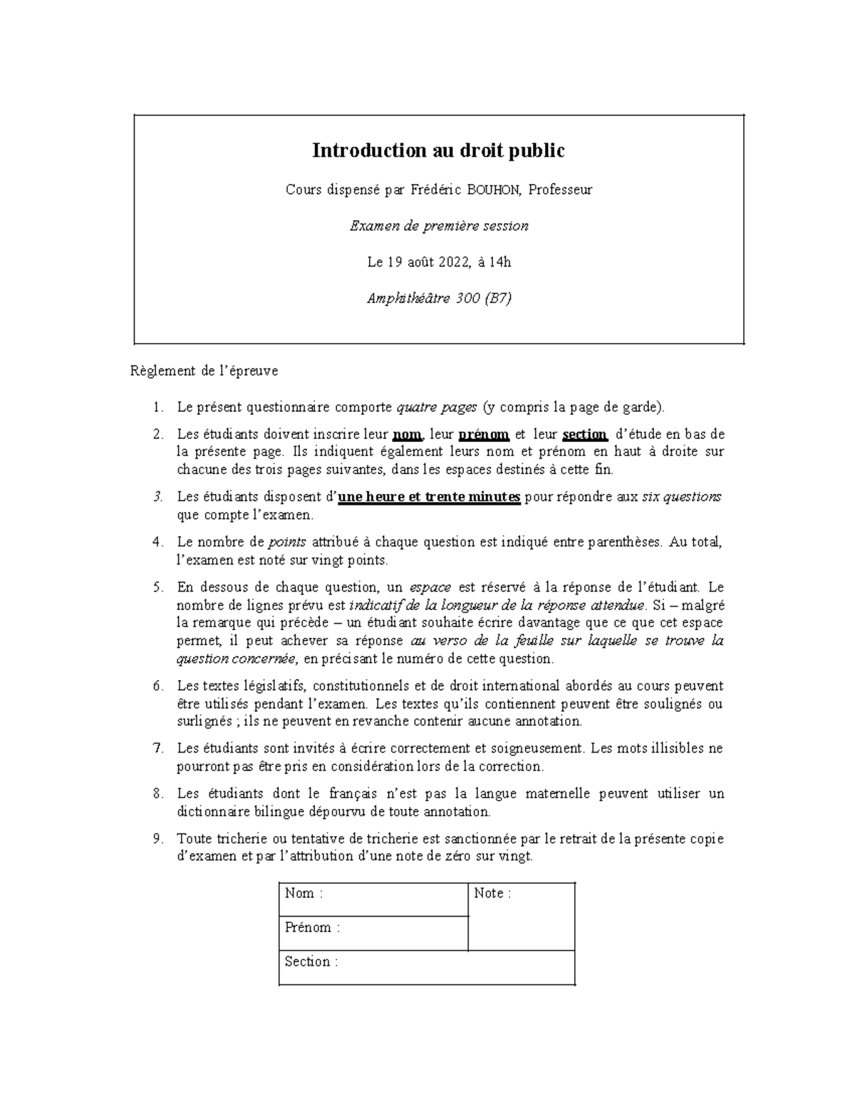 Examen Introduction au droit public - Introduction au droit public Cours dispensé par Frédéric ...