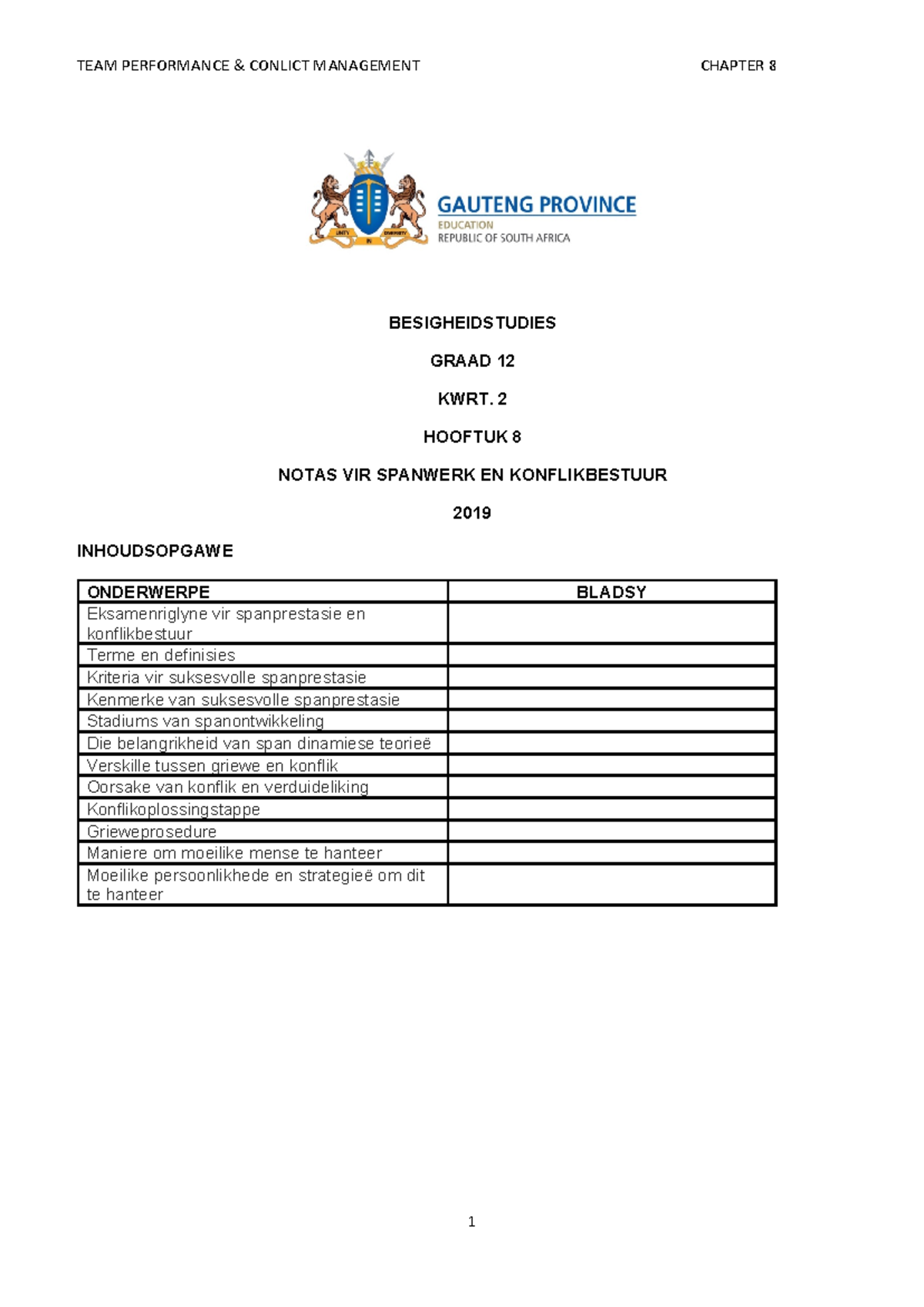 TEAM PERFORMANCE & CONFLICT MANAGEMENT CHAPTER 8 NOTES GRAAD 12 KWRT. 2 ...