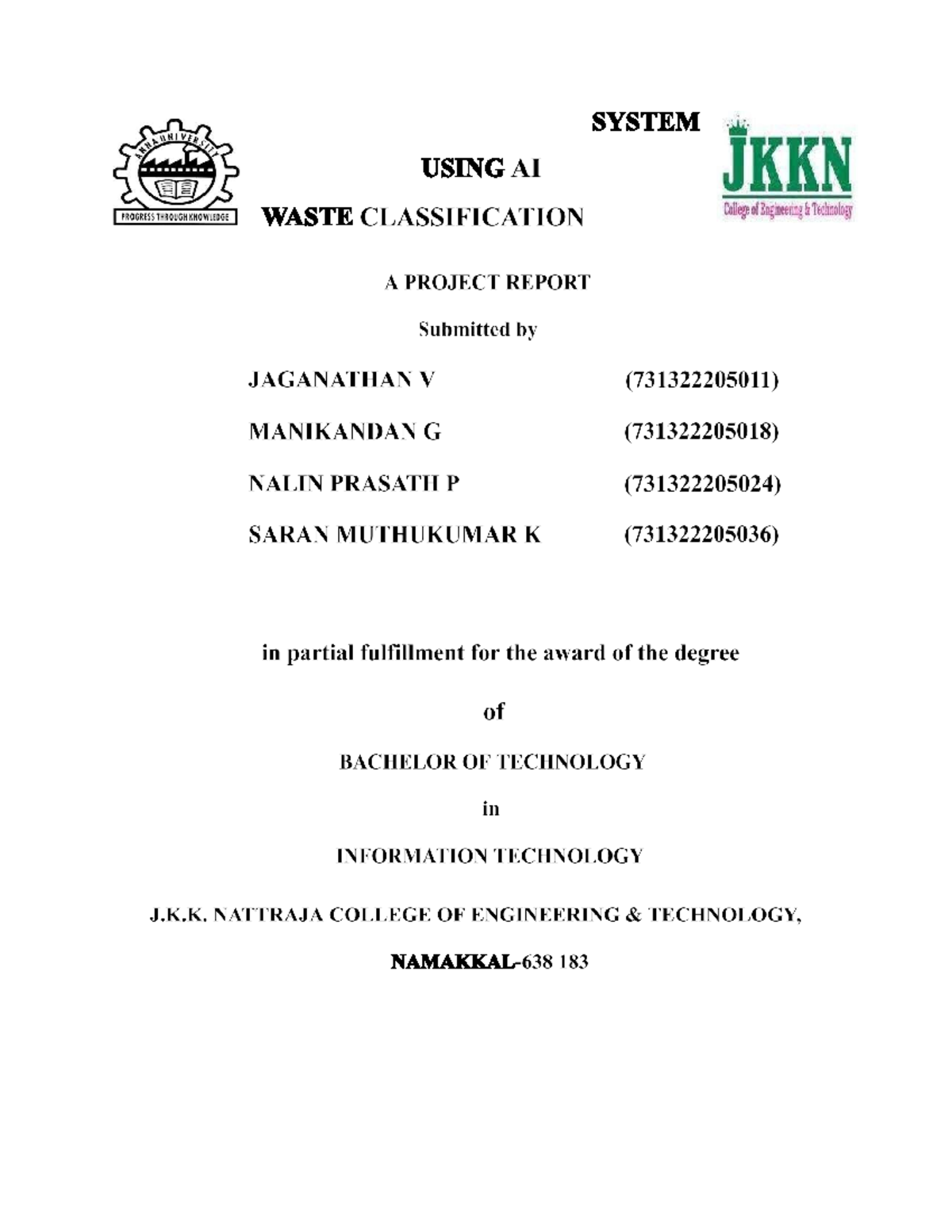B.Tech Project Documentation: Waste Classification System Using Vision ...