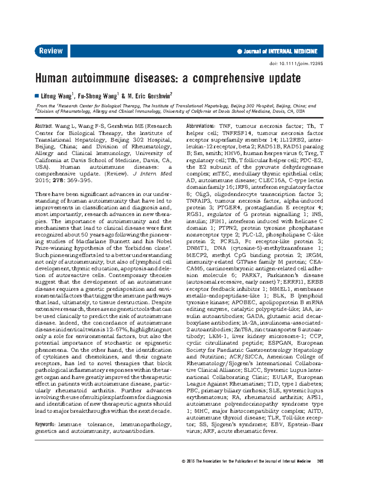 Human Autoimmune Diseases: A Comprehensive Review (WANG 2015) - Studocu