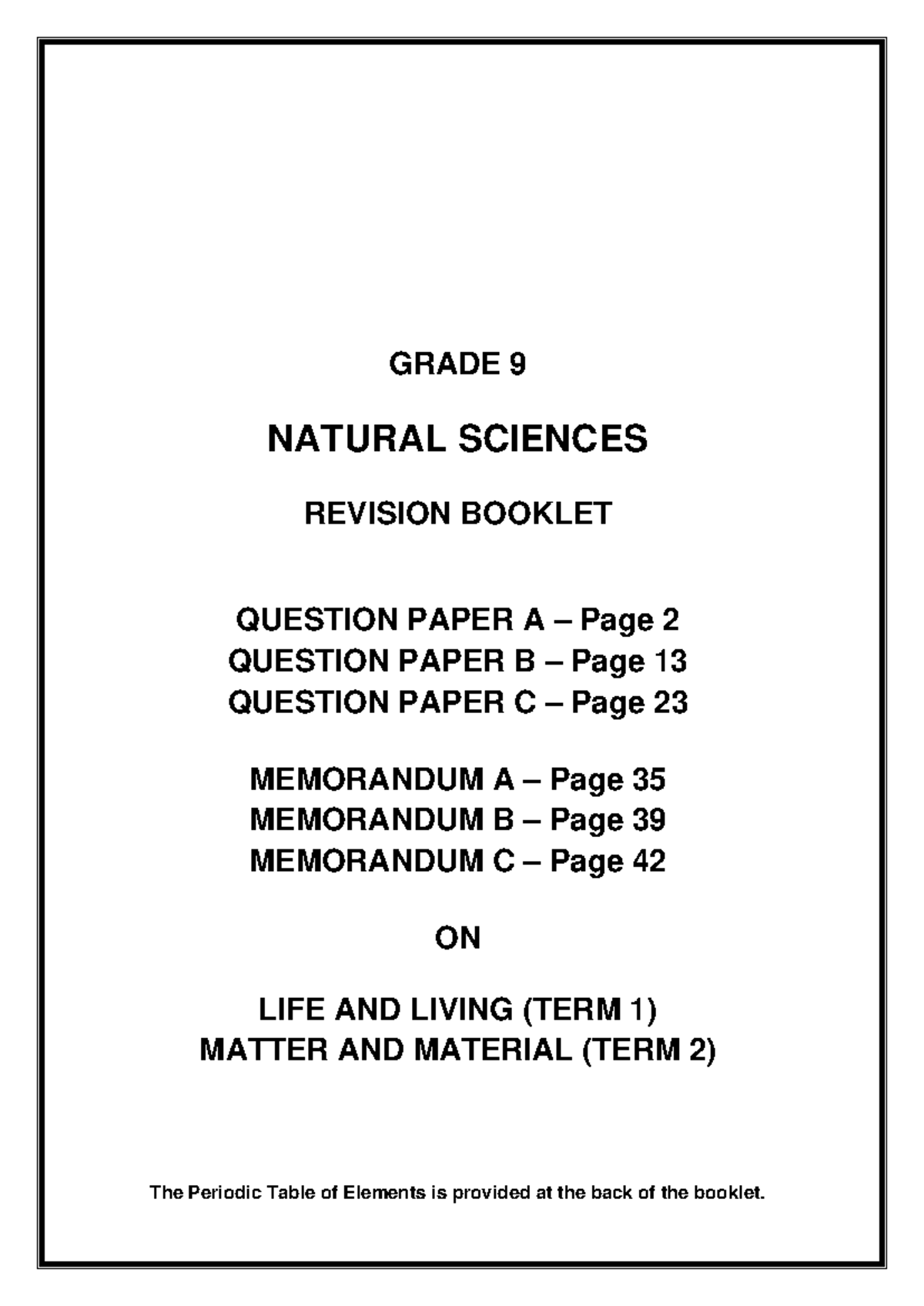 NS Grade 9 Natural Sciences Revision Booklet: Term 1 & 2 Questions and ...