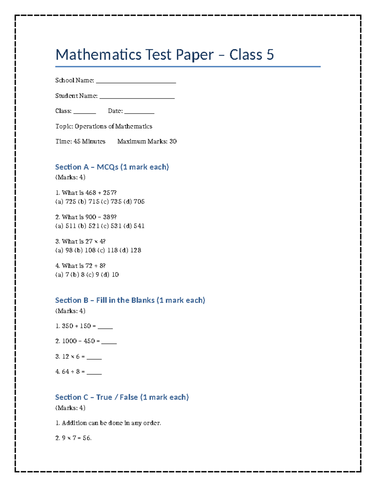 Class 5 Mathematics Test: Operations - Final Exam - Studocu