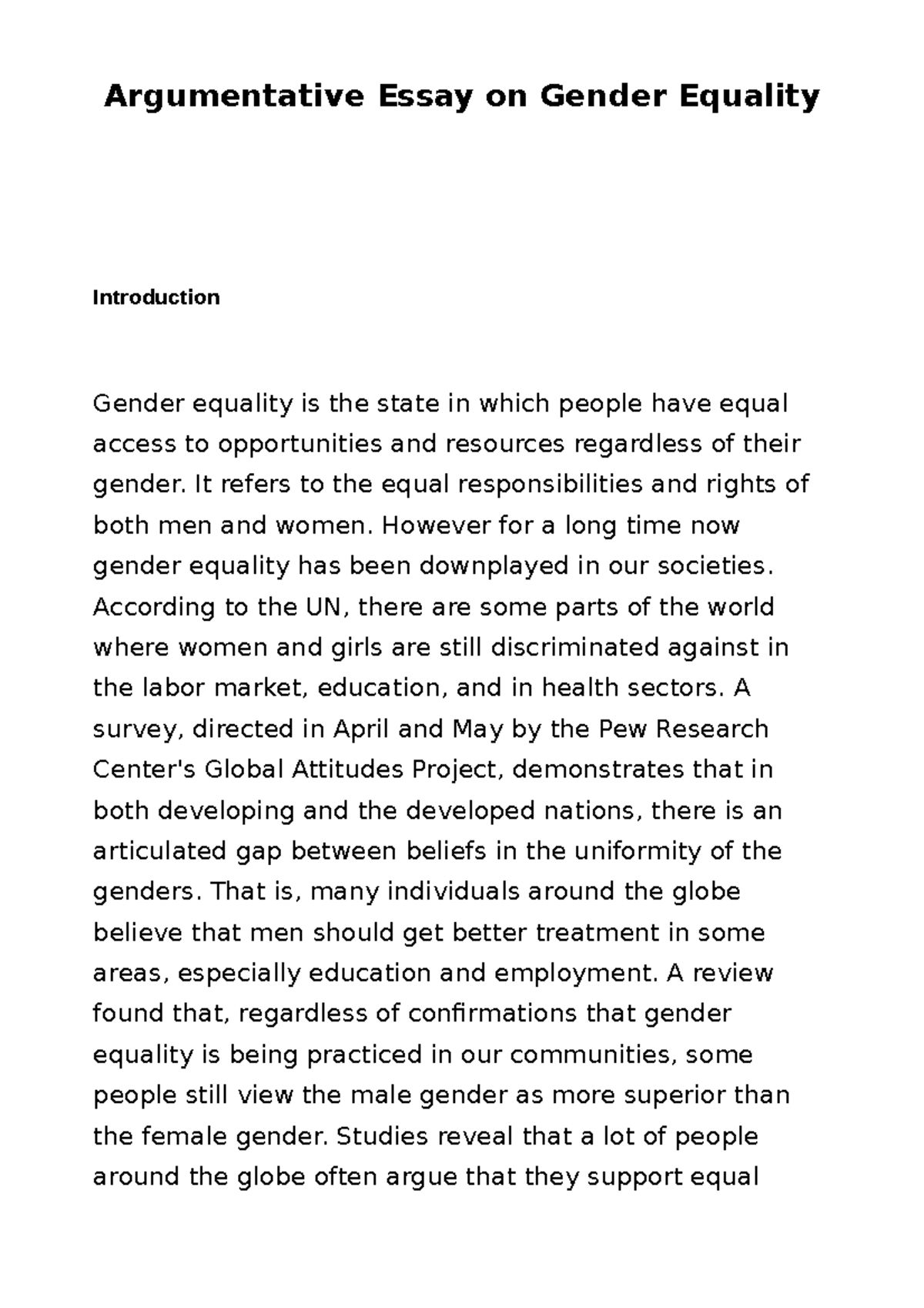 Argumentative Essay on Gender Equality - Sample for Edu Purposes - Studocu