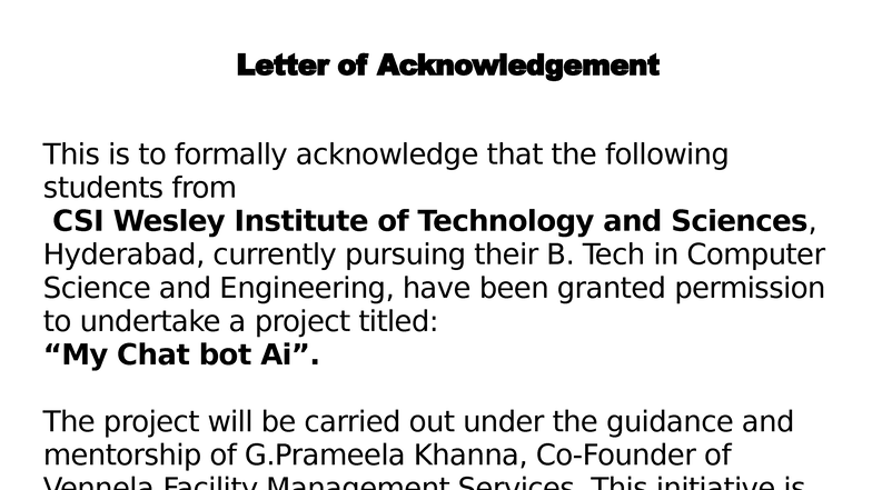 Letter of Acknowledgement for B.Tech Project: Chat Bot - Studocu