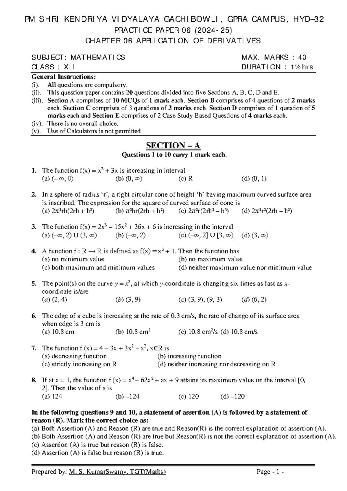 PM SHRI KENDRIYA VIDYALAYA GACHIBOWLI, MATHS XII PRACTICE PAPER 06 ...