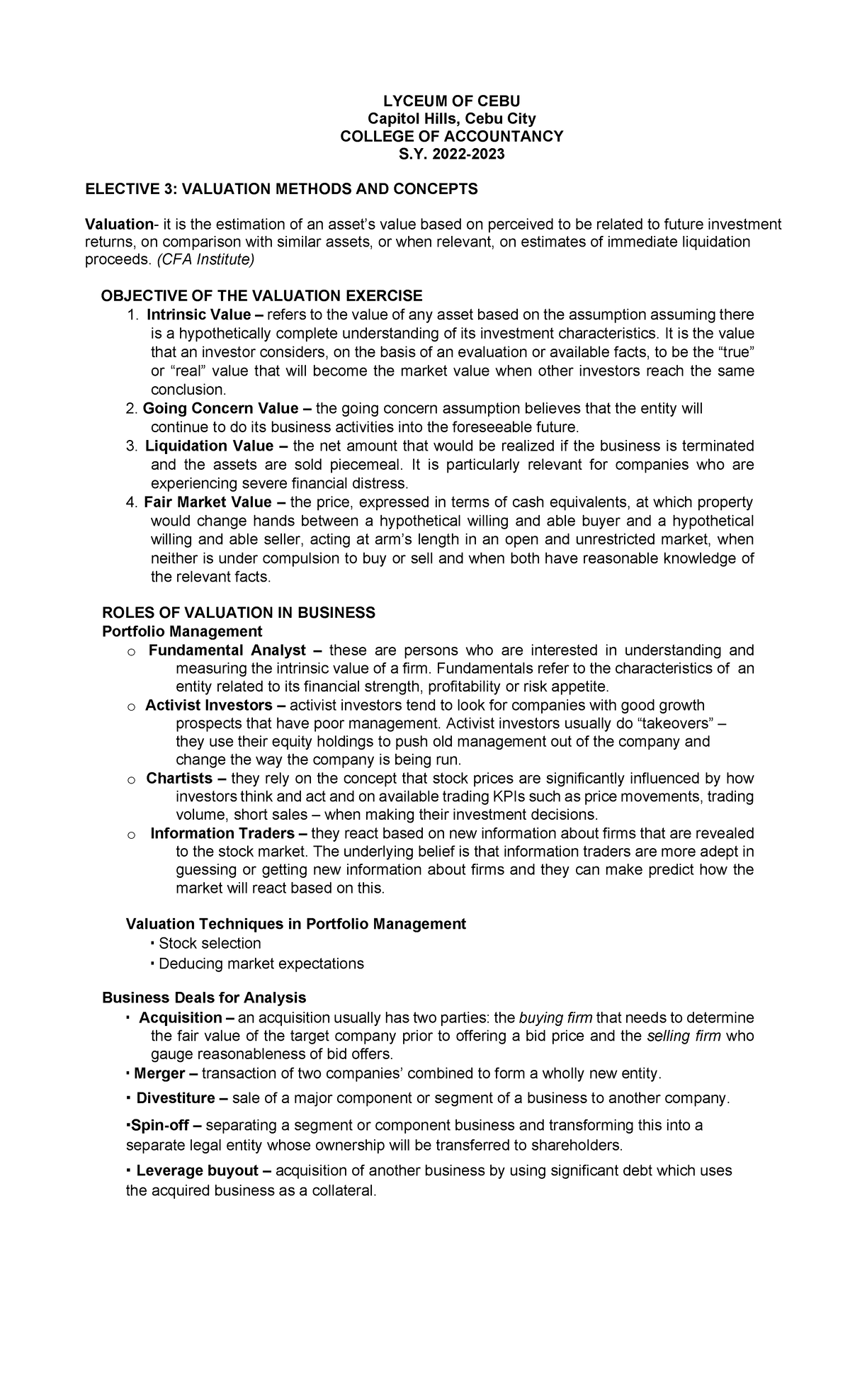 Elective 3 Valuation Methods - Chapter 1 Overview and Concepts - Studocu