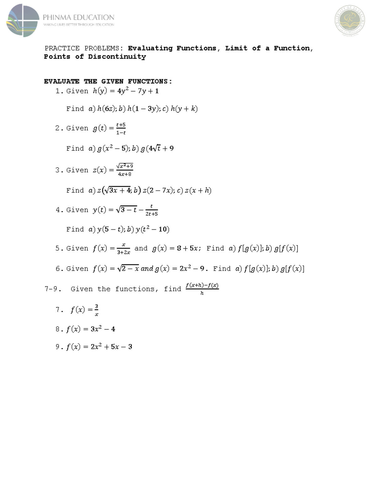 Practice Problems MAT 171 L1 L2 L3 - PRACTICE PROBLEMS: Evaluating ...