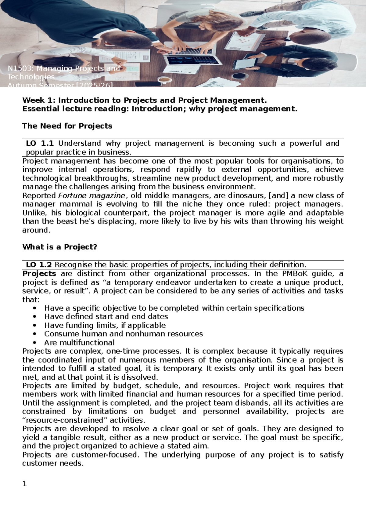 N1503: Managing Projects & Technologies - Week 1 Lecture Notes - Studocu