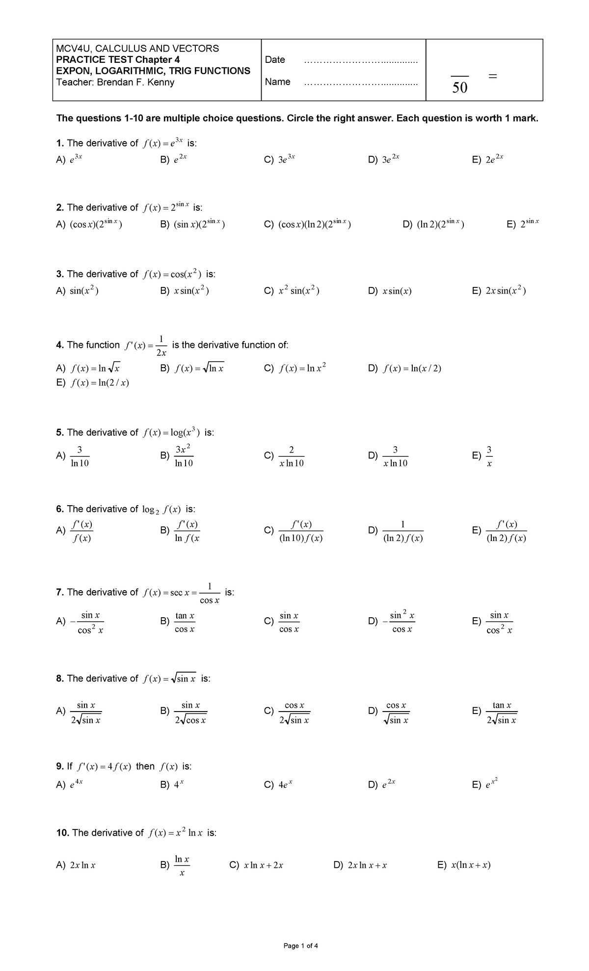 MCV4U - Practice Test on Derivatives, Exponential & Trig Functions ...