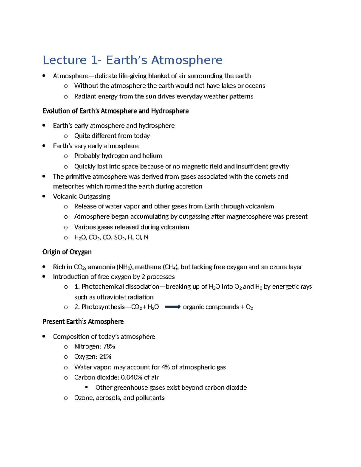Lecture 1: Earth's Atmosphere and Its Components Overview - Studocu