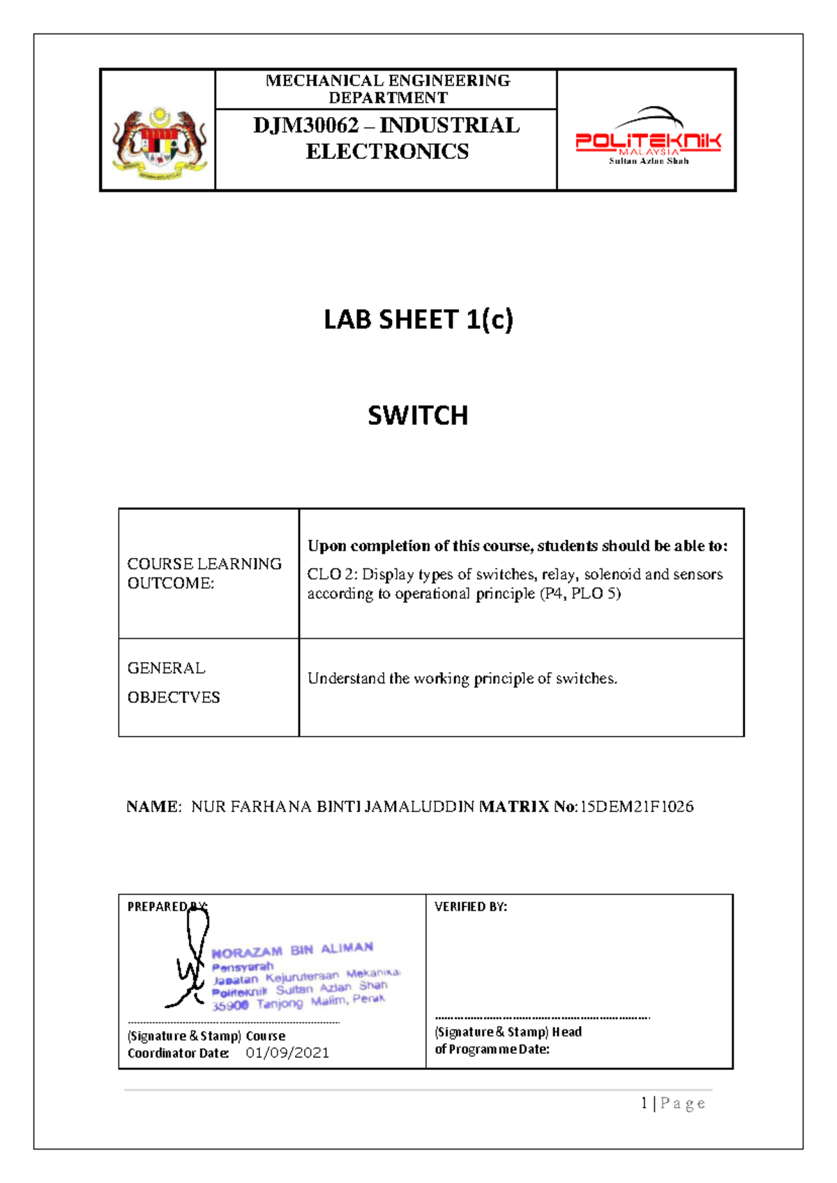 LAB Sheet on Switches Using Proteus - DJM30062 Industrial Electronics ...