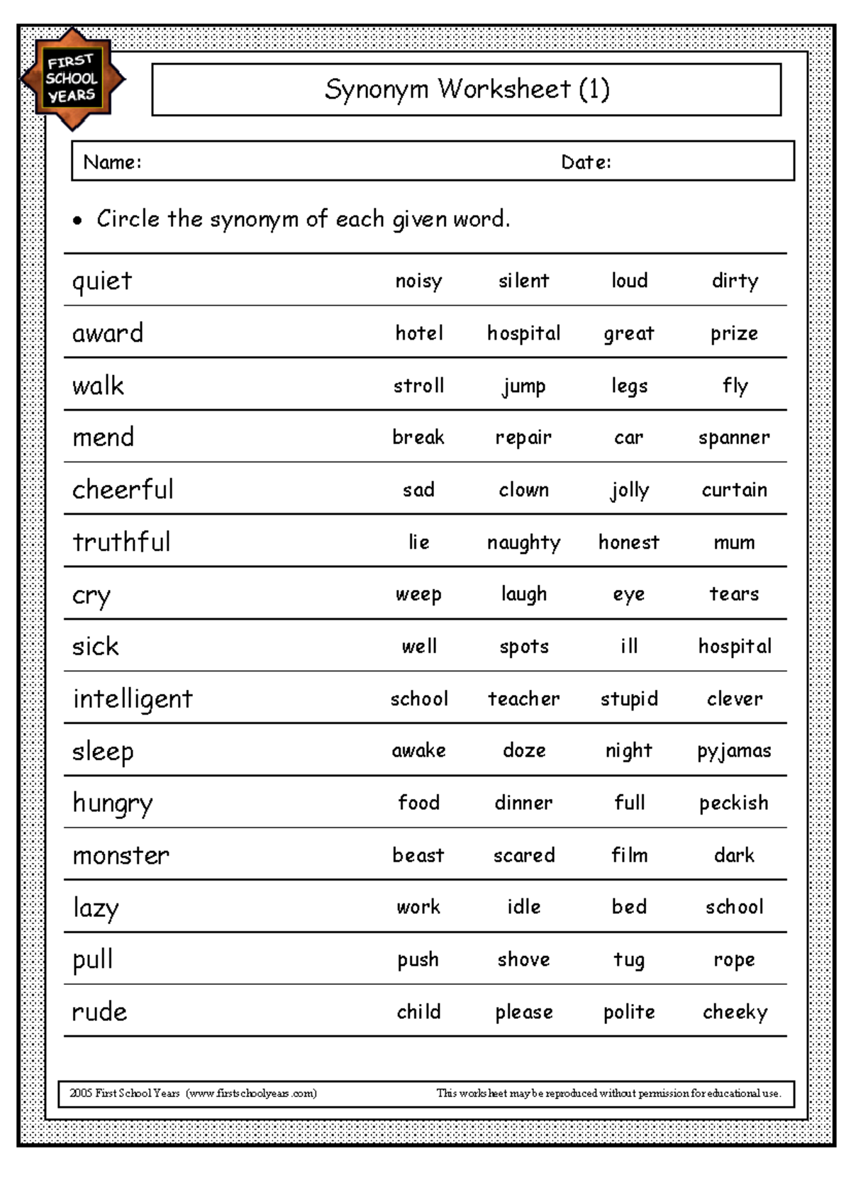 Synonym Worksheet for English - First School Years - Studocu