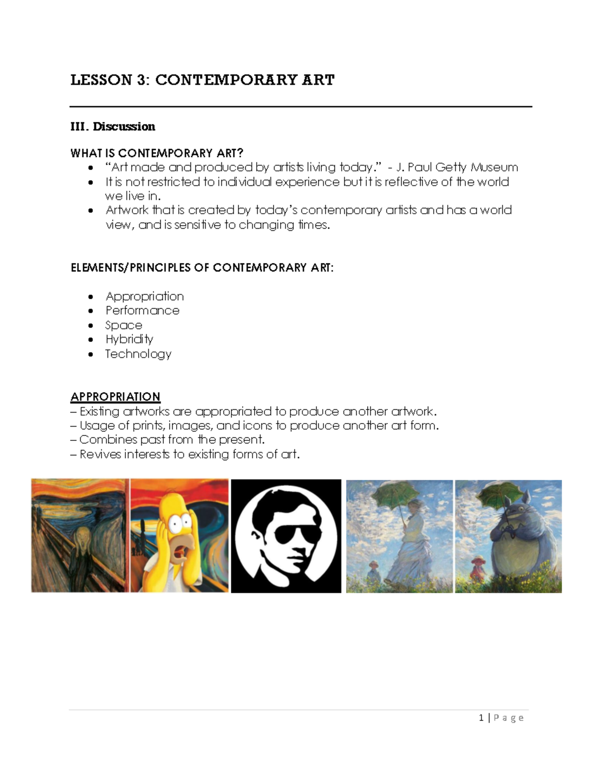 L3 CPAR Handout - CONTEMPORARY ART - 1 | P a g e LESSON 3: CONTEMPORARY ...