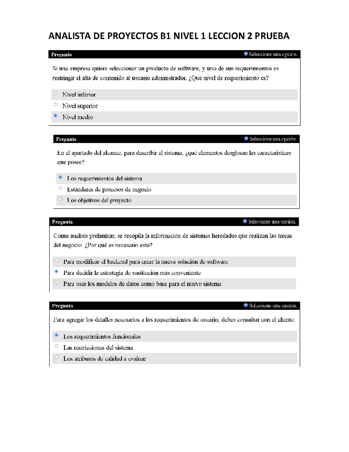 Analista de Proyectos B1 Nivel 1: Lección 2 Prueba - Studocu
