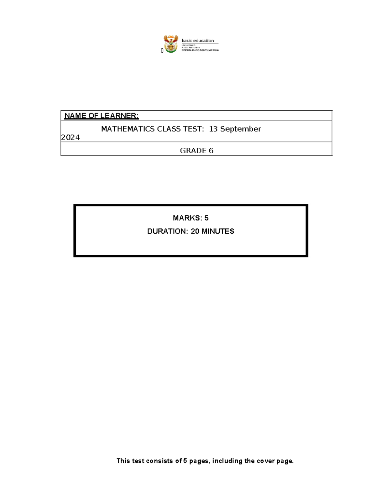Grade 6 Mathematics Class Test - 13 September 2024 - Studocu