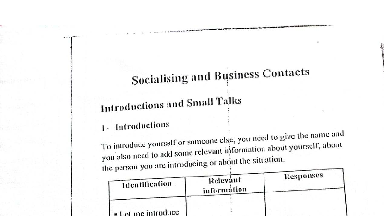 Socialising & Business Contacts: Introductions & Small Talk - Studocu