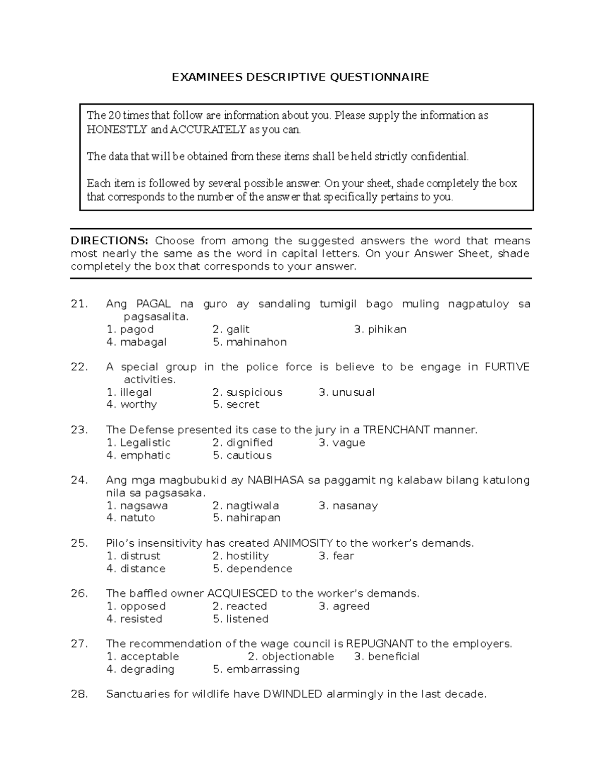 DOC 5 Reviewer: Descriptive Questionnaire & Answers Guide - Studocu