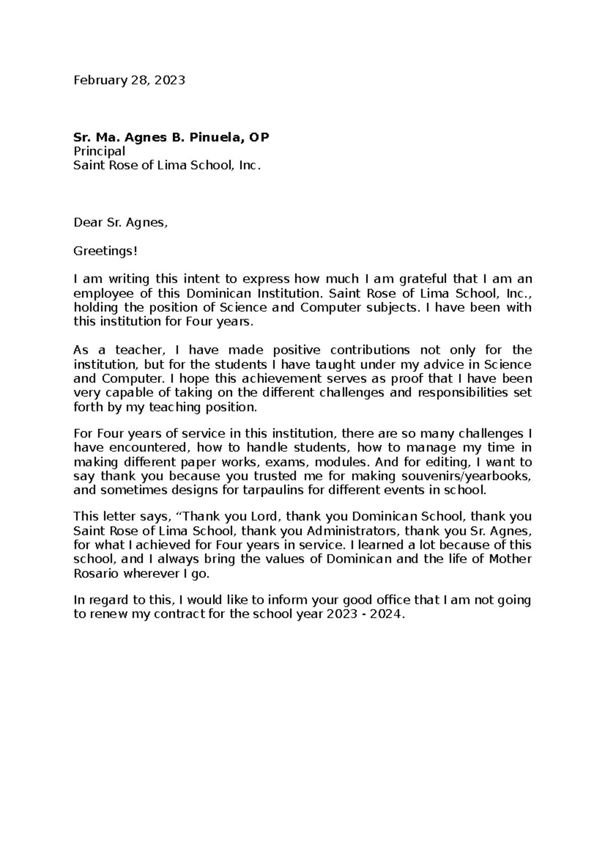 Intent - SDFGGGFD EED - February 28, 2023 Sr. Ma. Agnes B. Pinuela, OP ...