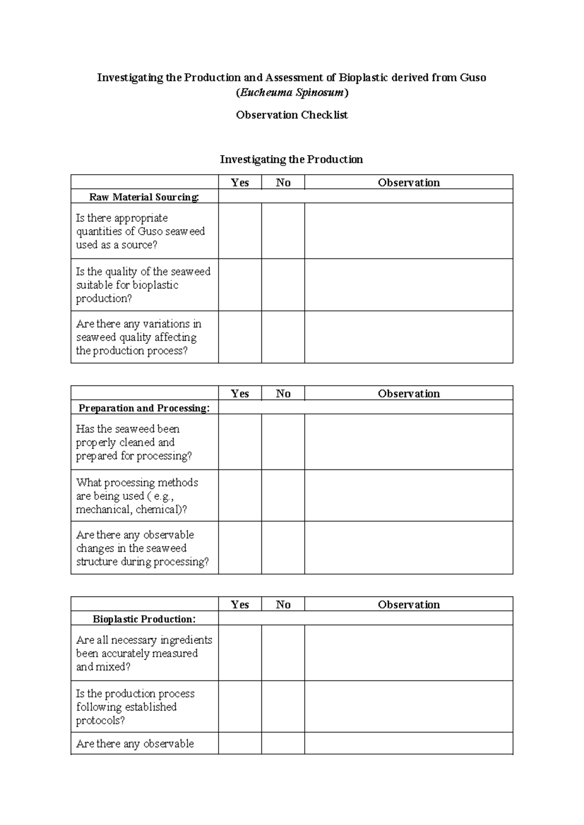 Observation Checklist for Bioplastic Production Assessment (BS 101 ...