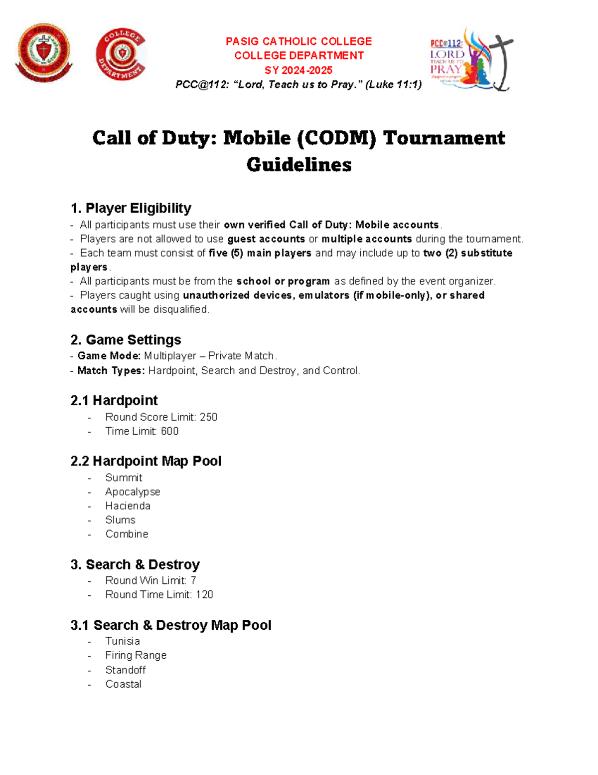PASIG CATHOLIC COLLEGE SY Call of Duty: Mobile Tournament Guidelines ...
