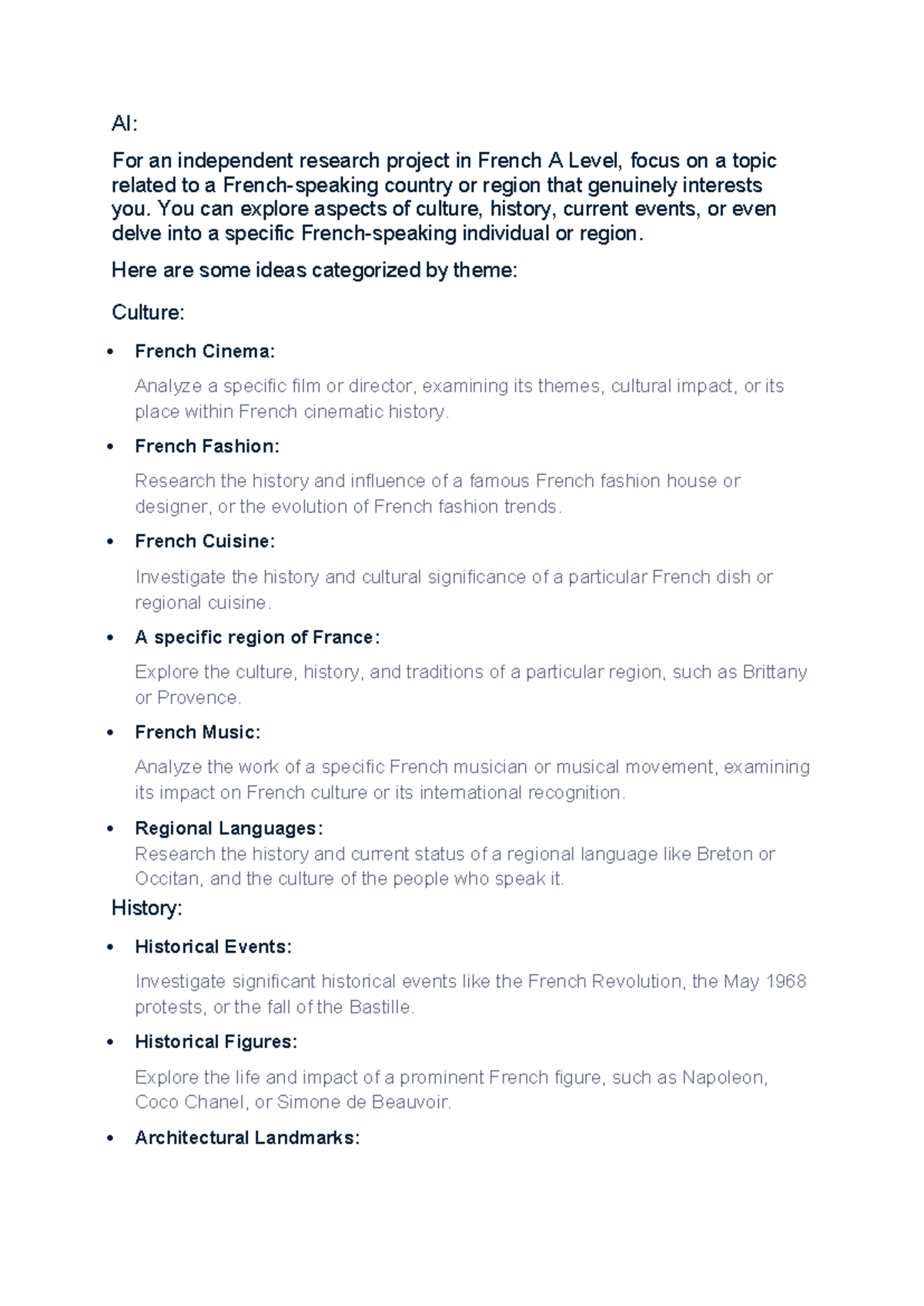 AI IRP: Independent Research Project Ideas for French A Level - Studocu