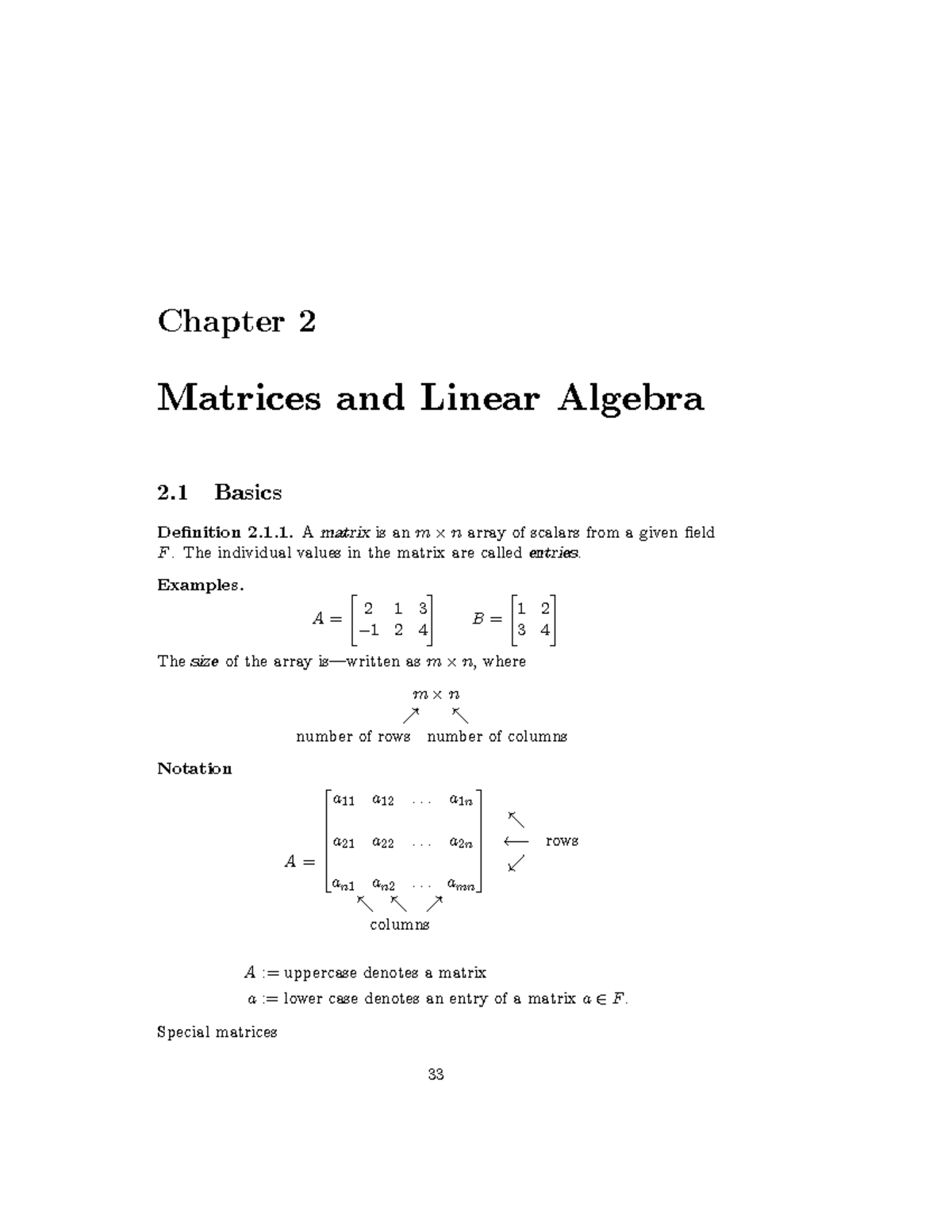 Chapter 2 - Lecture notes 1-5 - Chapter 2 Matrices and Linear Algebra 2 ...